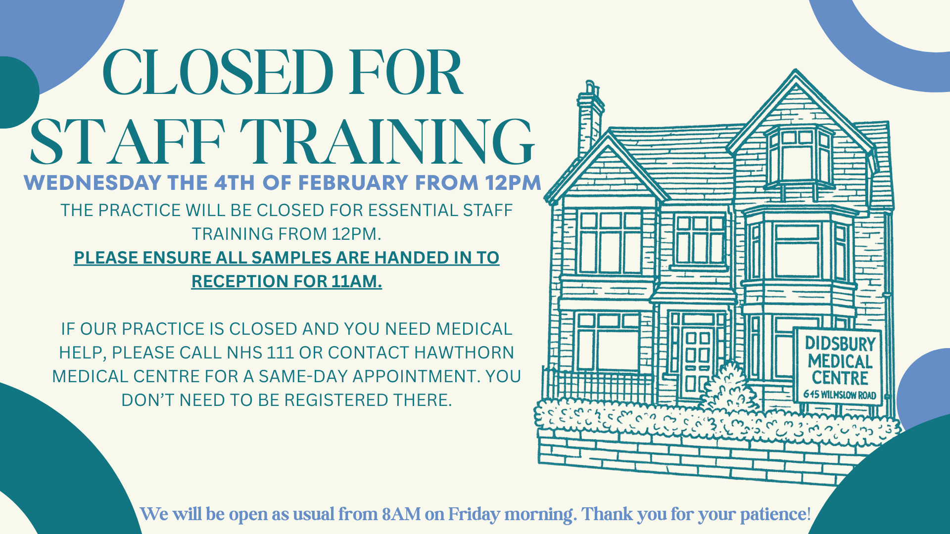 Closed for staff training – The Didsbury Medical Centre